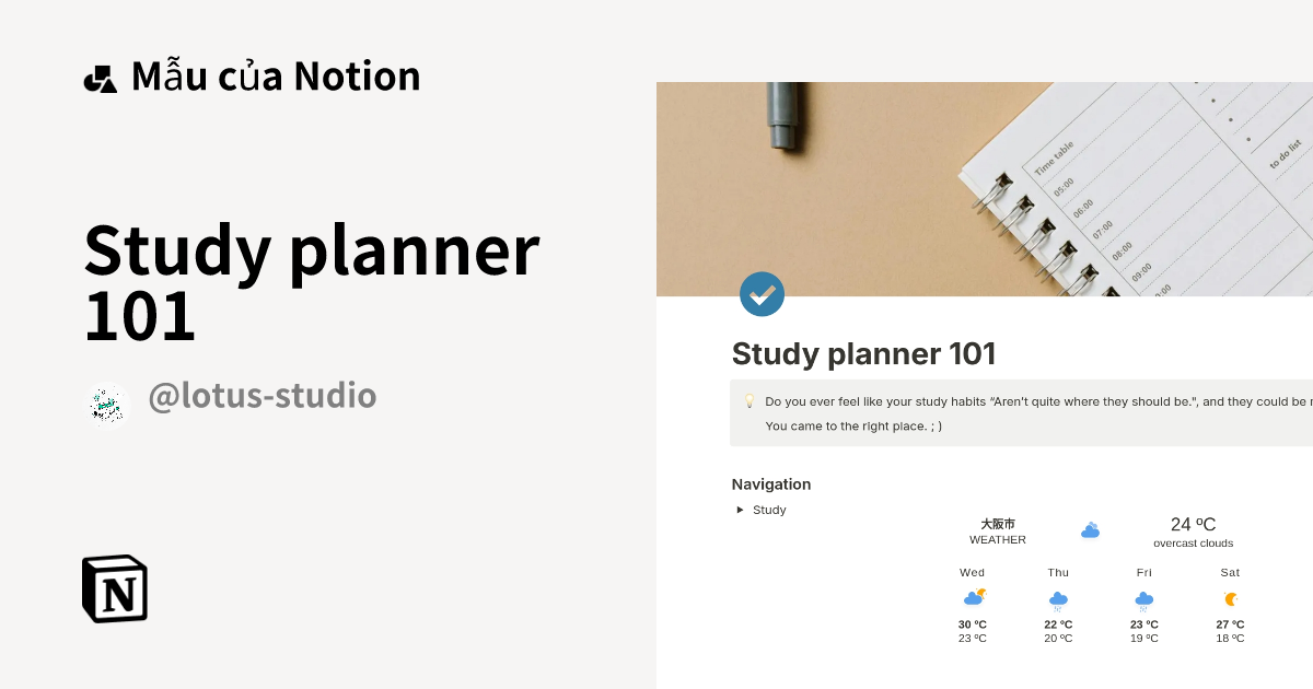 Study planner 101 Mẫu do Lotus studio tạo | Thị trường Notion