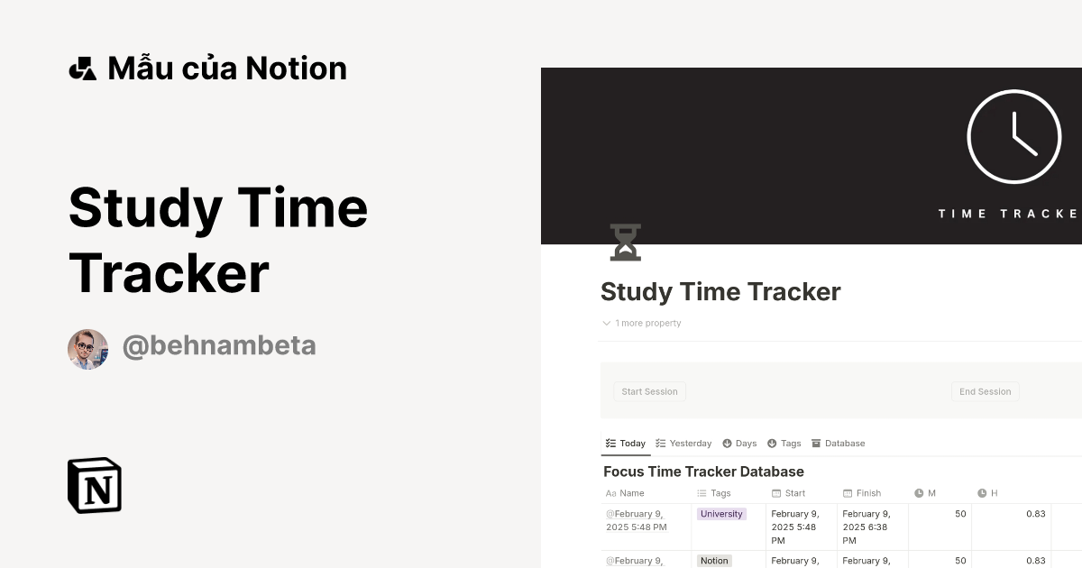 Study Time Tracker Mẫu do Study with Beta tạo | Thị trường Notion