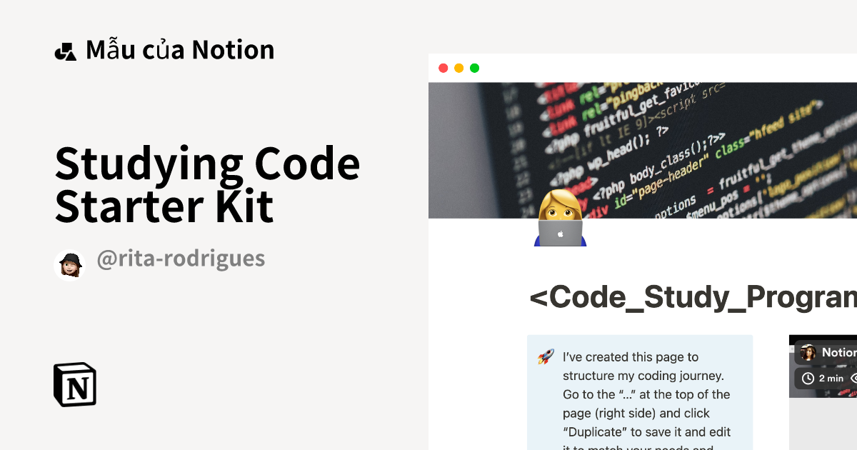 Studying Code Starter Kit Mẫu do Rita Rodrigues tạo | Thị trường Notion