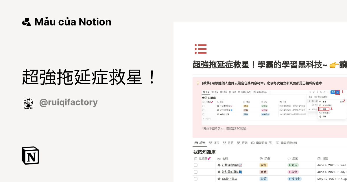 Mẫu 超強拖延症救星！ | Thị trường Notion