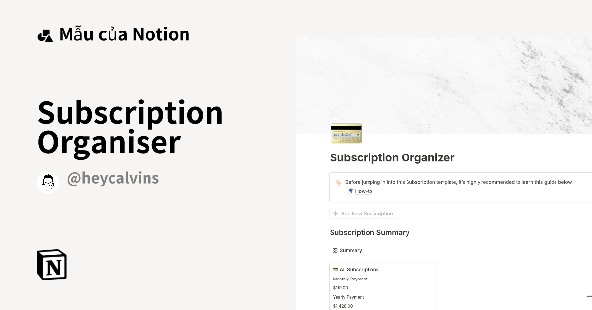Subscription Organiser Mẫu do Calvin tạo | Thị trường Notion