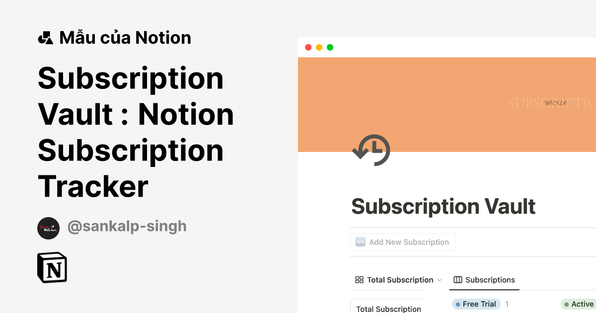 Subscription Vault : Notion Subscription Tracker Mẫu do Sankalp Singh tạo | Thị trường Notion