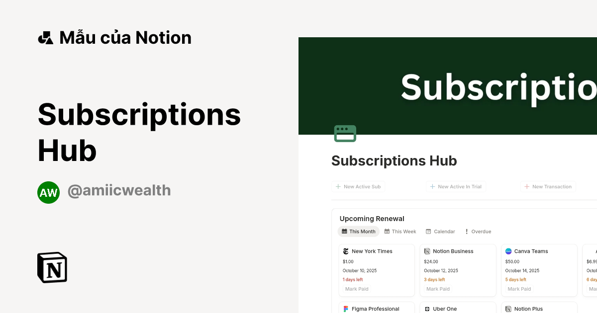 Mẫu Subscriptions Hub | Thị trường Notion