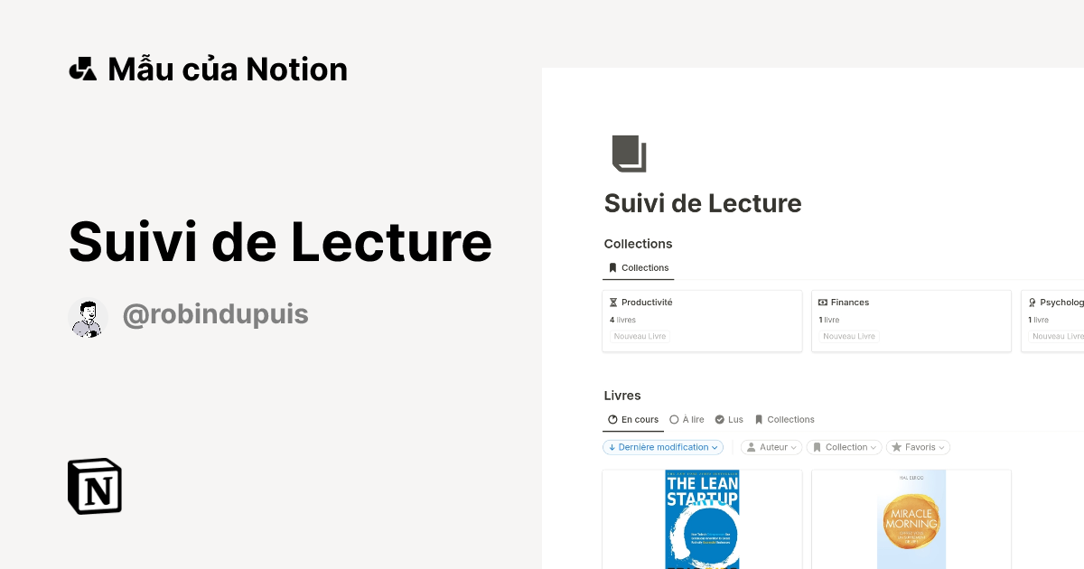 Suivi de Lecture Mẫu do Robin Dupuis tạo | Thị trường Notion