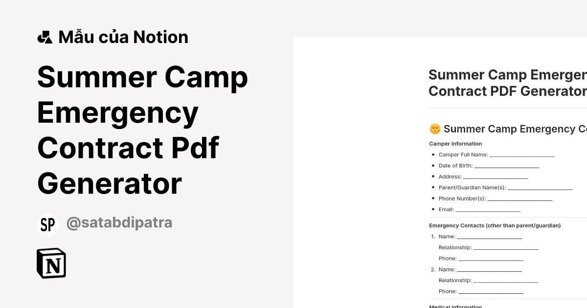 Summer Camp Emergency Contract Pdf Generator Mẫu do Satabdi Patra tạo ...