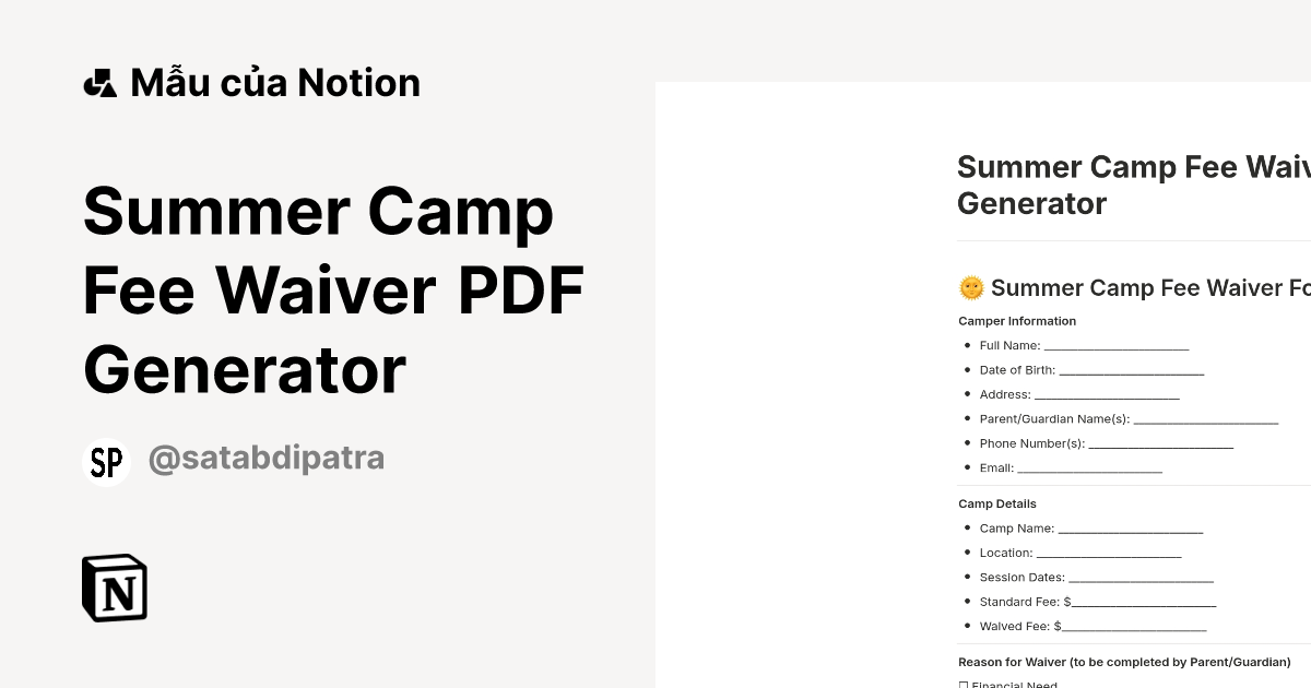 Summer Camp Fee Waiver PDF Generator Mẫu do Satabdi Patra tạo | Thị trường Notion