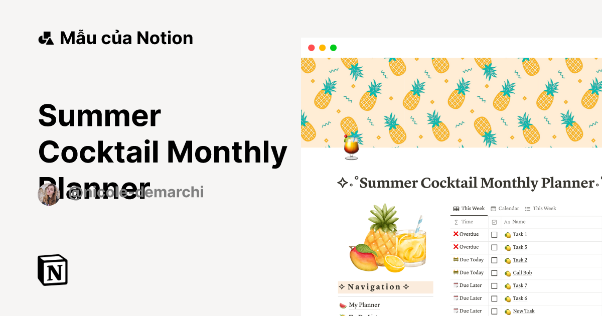 Mẫu Summer Cocktail Monthly Planner | Thị trường Notion