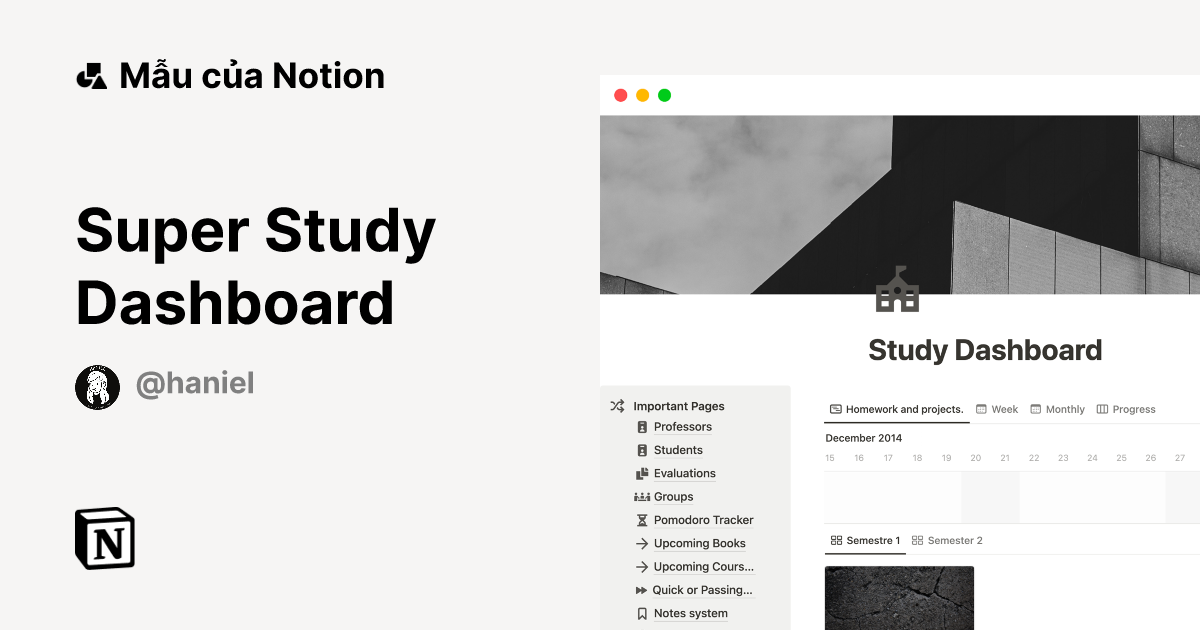 Super Study Dashboard Mẫu do Haniel tạo | Thị trường Notion