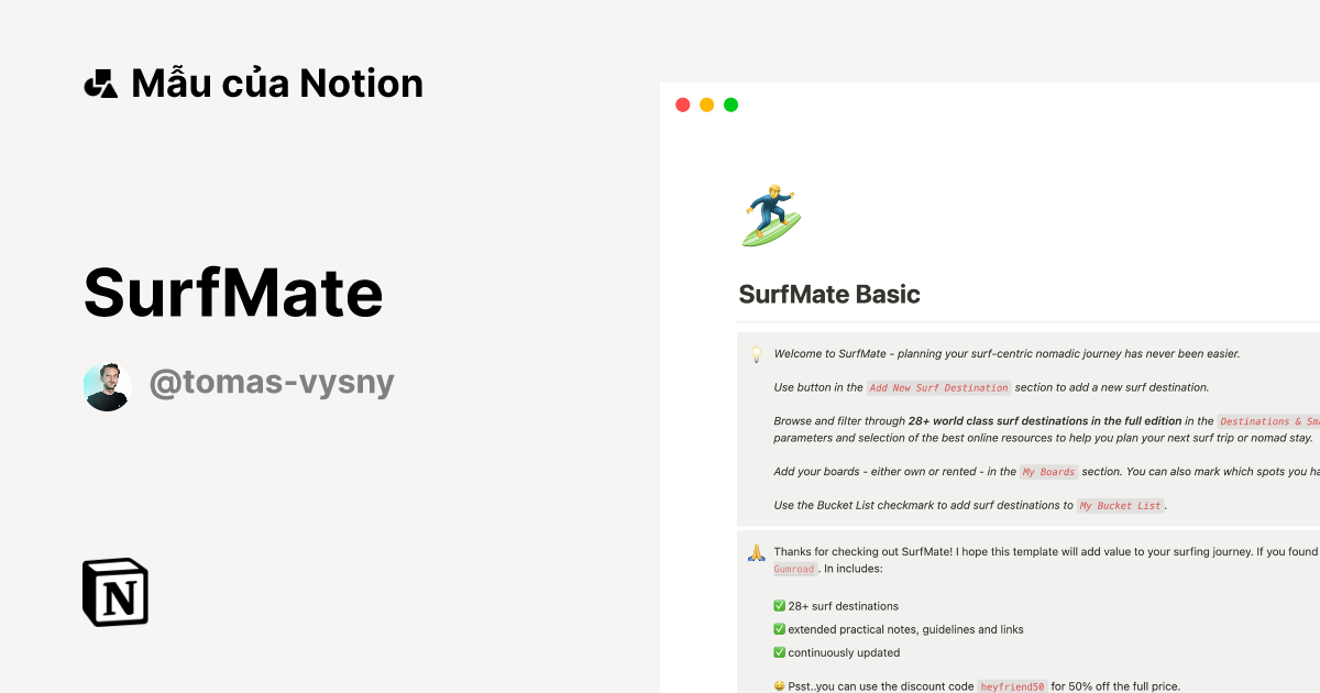SurfMate Mẫu do Tomas Vysny tạo | Thị trường Notion