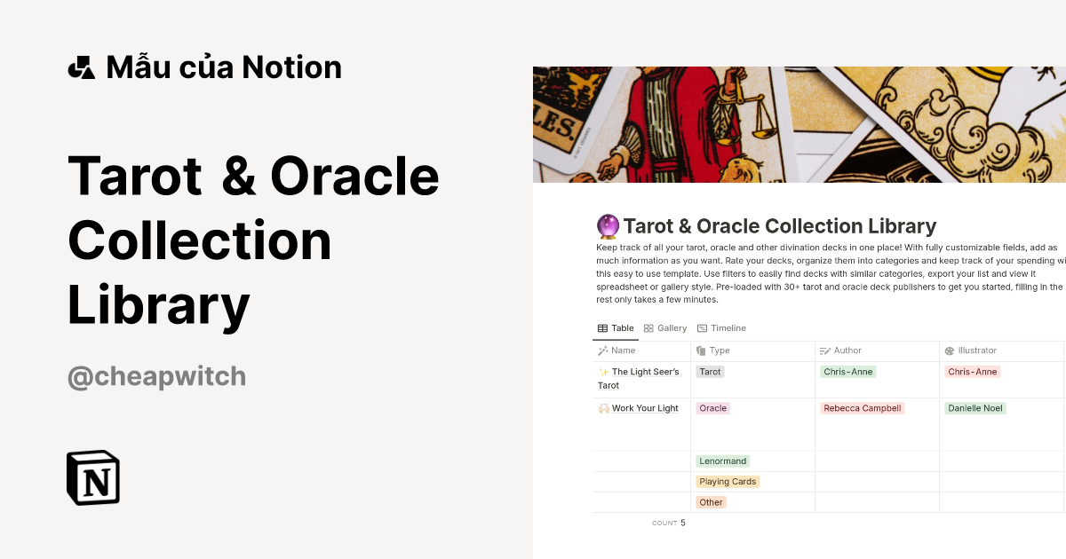 Mẫu Tarot & Oracle Collection Library | Thị trường Notion