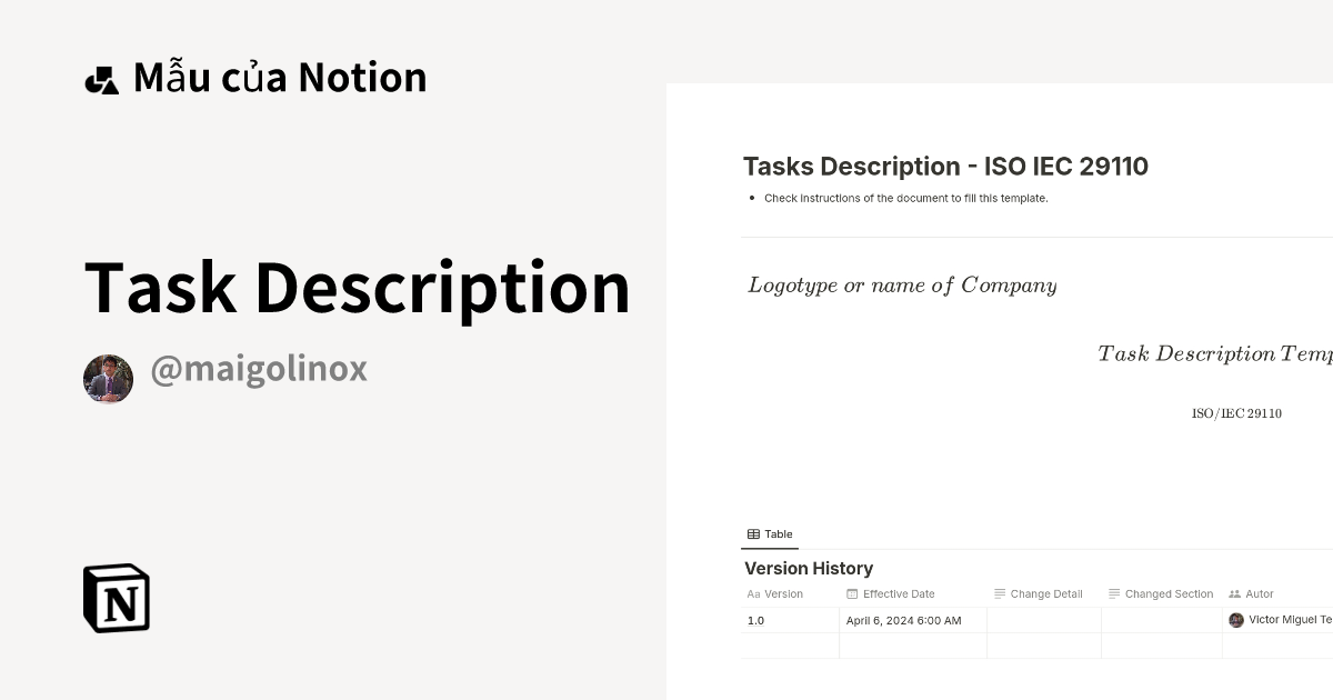 Task Description Mẫu do Victor Terrón tạo | Thị trường Notion