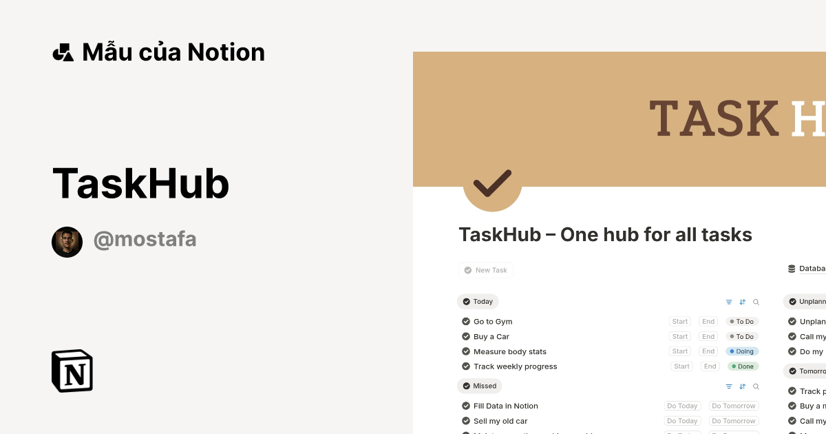 TaskHub Mẫu do Mostafa Yasser tạo | Thị trường Notion