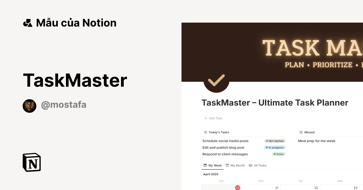 Mẫu TaskMaster | Thị trường Notion