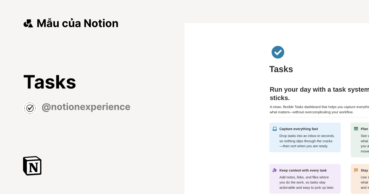 Tasks Mẫu do The Notion Experience tạo | Thị trường Notion