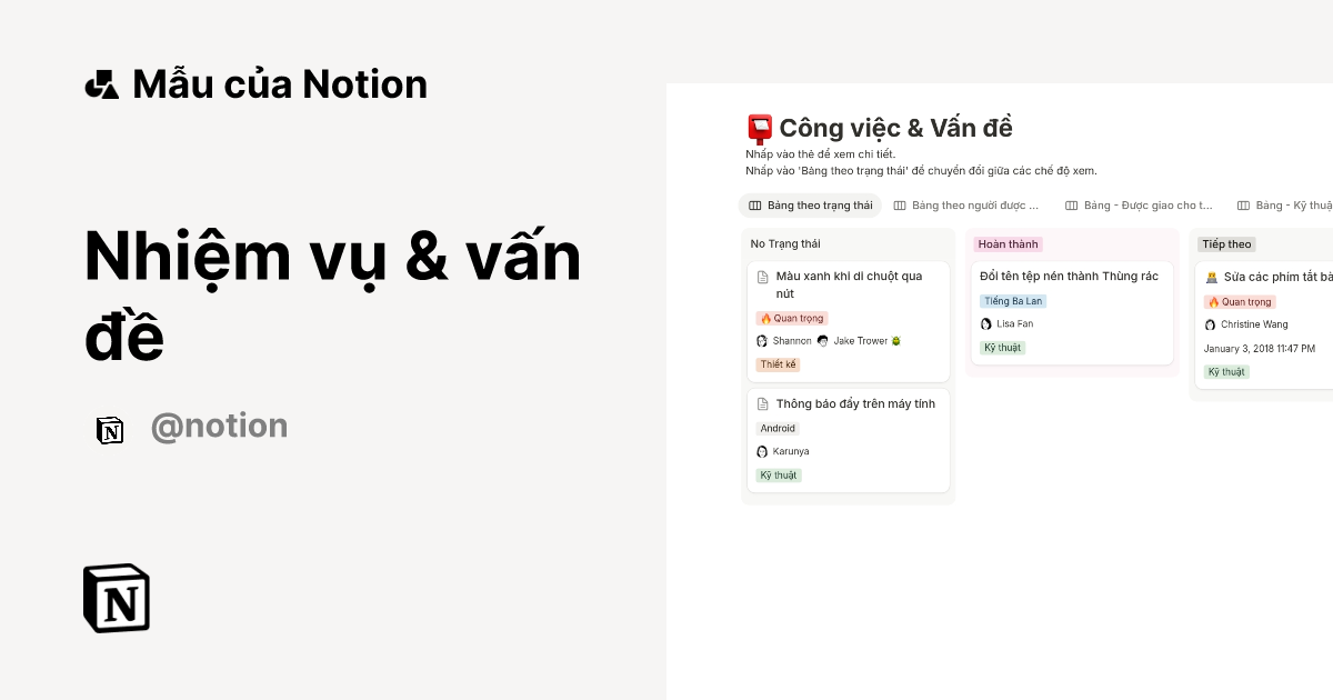 Mẫu Nhiệm vụ & vấn đề 2025 | Thị trường Notion