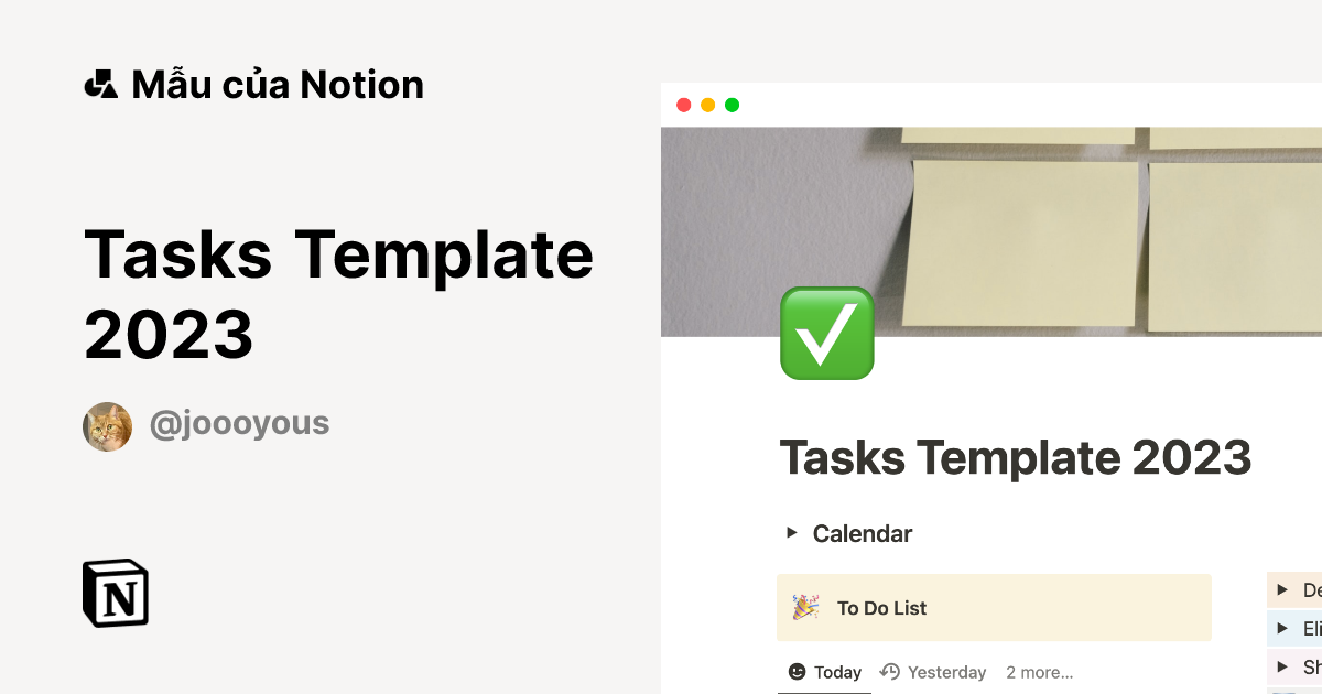 Tasks Template 2023 Mẫu do Joooyous tạo | Thị trường Notion