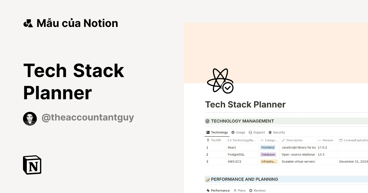 Mẫu Tech Stack Planner | Thị trường Notion