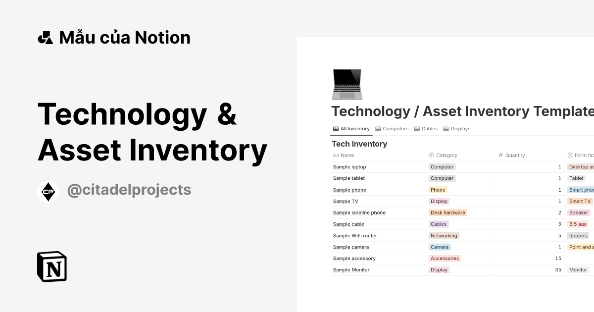 Technology & Asset Inventory Mẫu do Citadel Projects tạo | Thị trường Notion