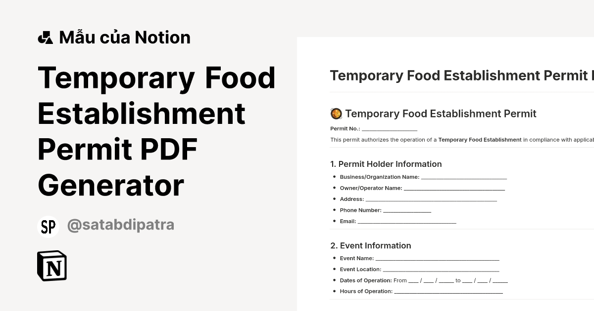 Temporary Food Establishment Permit PDF Generator Mẫu do Satabdi Patra ...