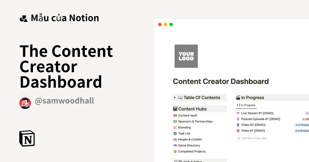 The Content Creator Dashboard Mẫu do Sam Woodhall tạo | Thị trường Notion