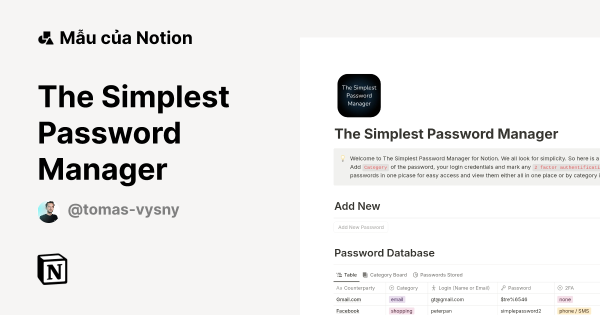 The Simplest Password Manager Mẫu do Tomas Vysny tạo | Thị trường Notion