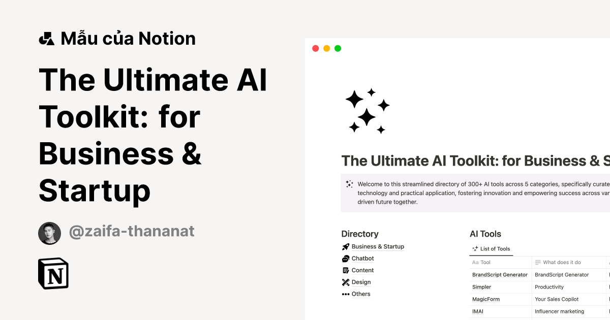The Ultimate Ai Toolkit For Business And Startup Mẫu Do Zestsy Tạo Thị Trường Notion
