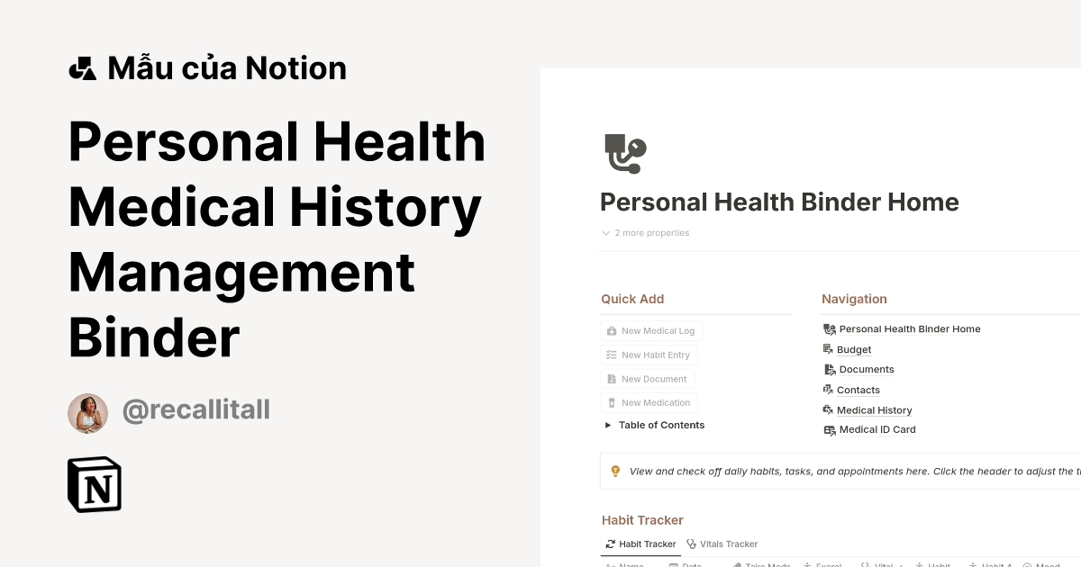 Mẫu Personal Health Medical History Management Binder | Thị trường Notion