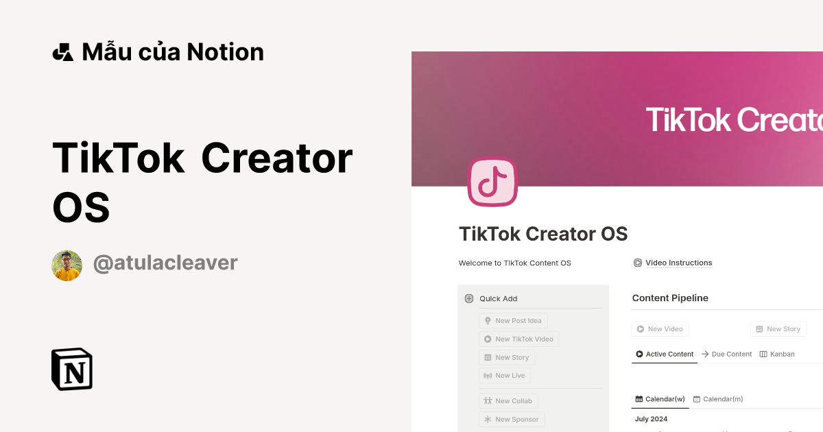 TikTok Creator OS Mẫu do Atul | Notion4Creators tạo | Thị trường Notion