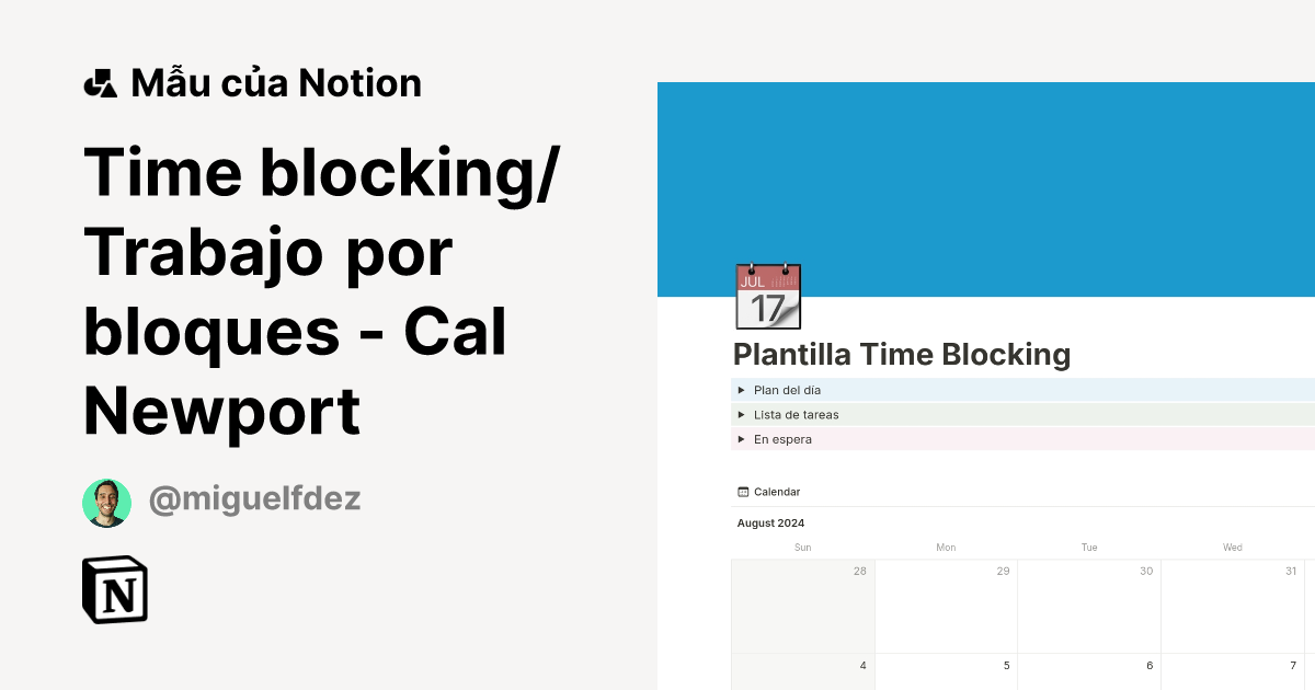 Mẫu Time blocking/Trabajo por bloques - Cal Newport | Thị trường Notion