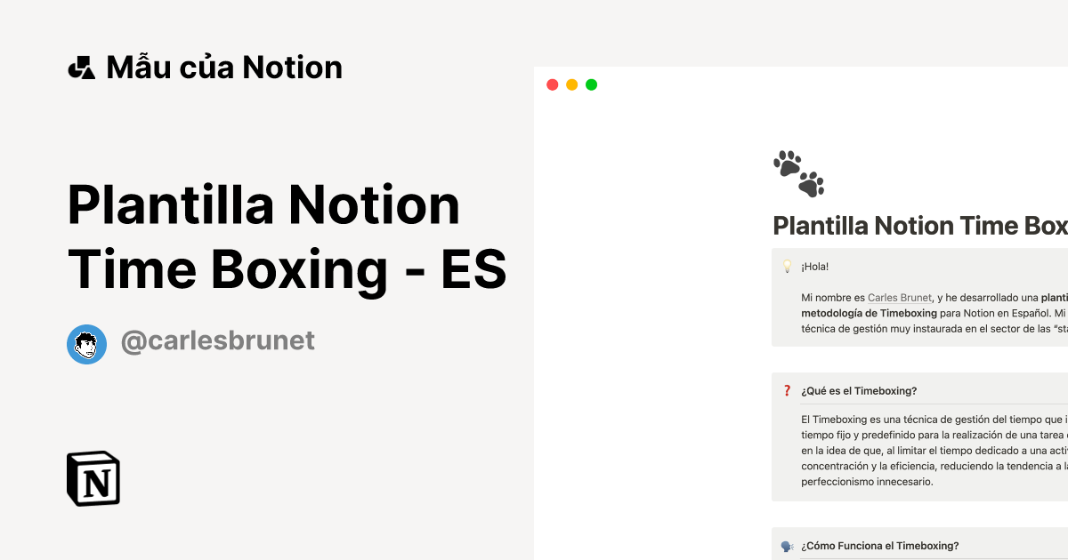 Mẫu Plantilla Notion Time Boxing - ES | Thị trường Notion