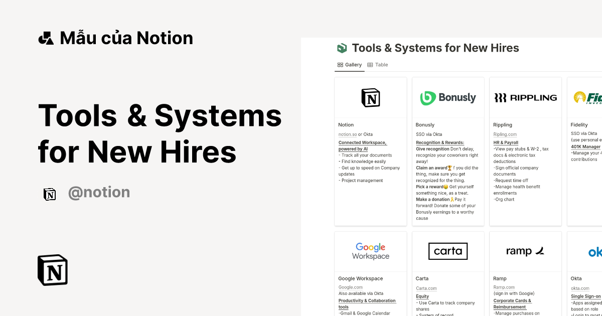 Tools & Systems for New Hires Mẫu do Notion tạo | Thị trường Notion