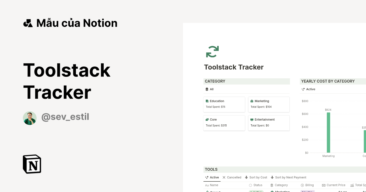 Toolstack Tracker Mẫu do Sev Estil tạo | Thị trường Notion