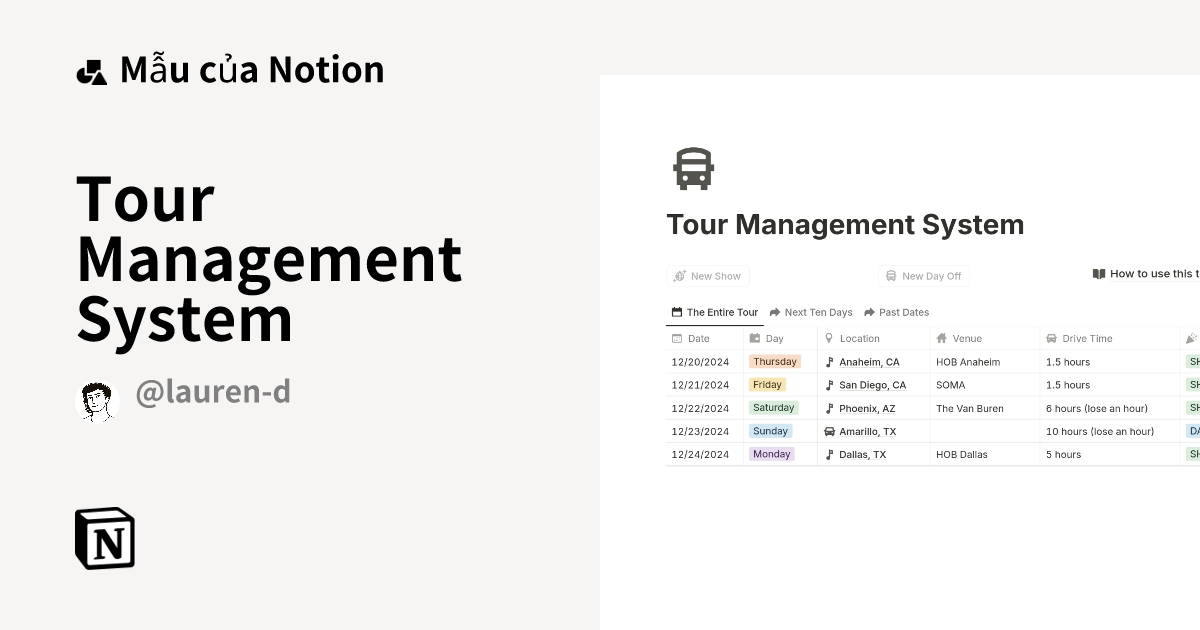Mẫu Tour Management System | Thị trường Notion
