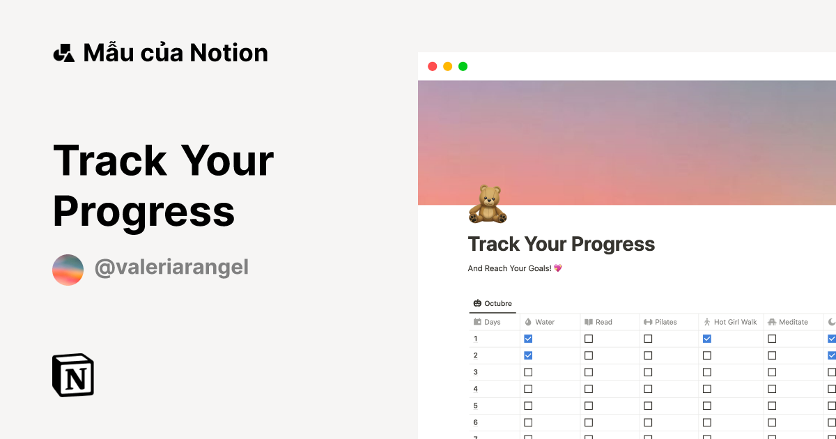 Track Your Progress Mẫu do Valeria Rangel tạo | Thị trường Notion