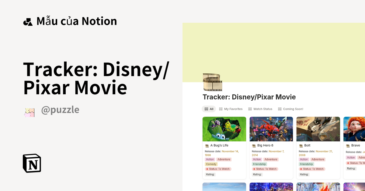 Tracker: Disney/Pixar Movie Mẫu do Puzzle tạo | Thị trường Notion