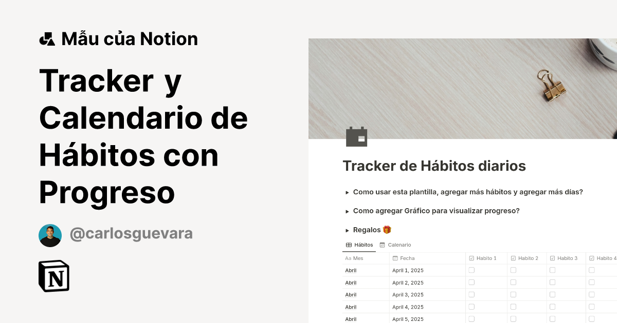 Tracker y Calendario de Hábitos con Progreso Mẫu do Carlos Guevara tạo ...