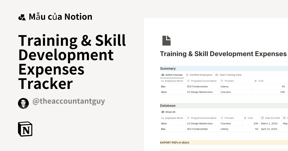 Mẫu Training & Skill Development Expenses Tracker | Thị trường Notion