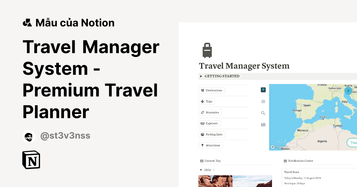 Mẫu Travel Manager System - Premium Travel Planner | Thị trường Notion