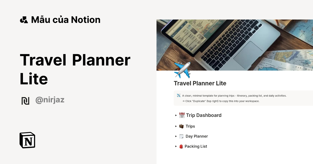 Mẫu Travel Planner Lite | Thị trường Notion