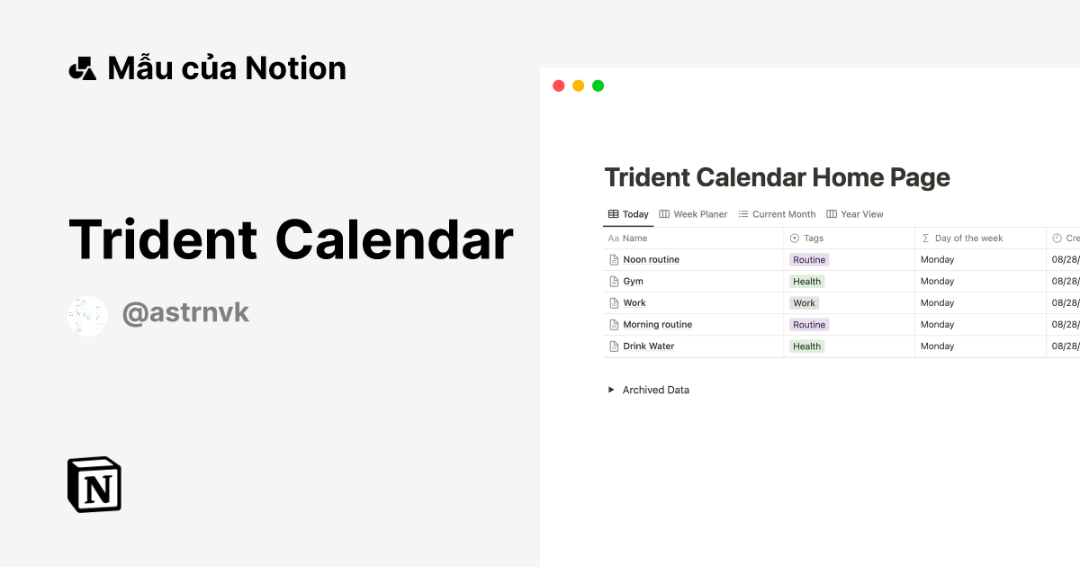 Trident Calendar Mẫu do astrnvk tạo | Thị trường Notion