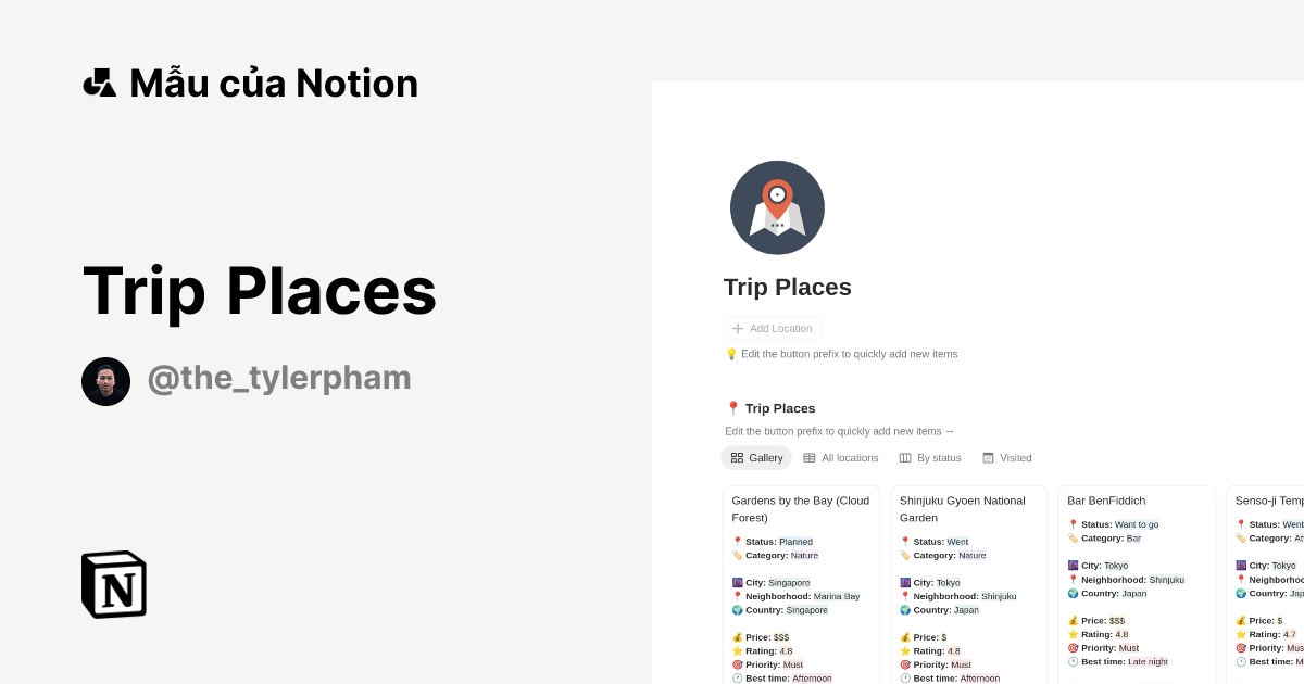 Trip Places Mẫu do Tyler Pham tạo | Thị trường Notion