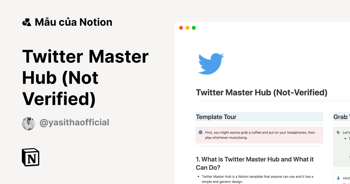 Mẫu Twitter Master Hub (Not Verified) | Thị trường Notion