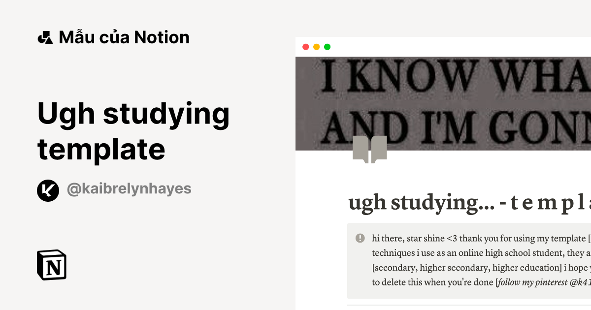 Ugh studying template Mẫu do Kaibrelyn Hayes tạo | Thị trường Notion