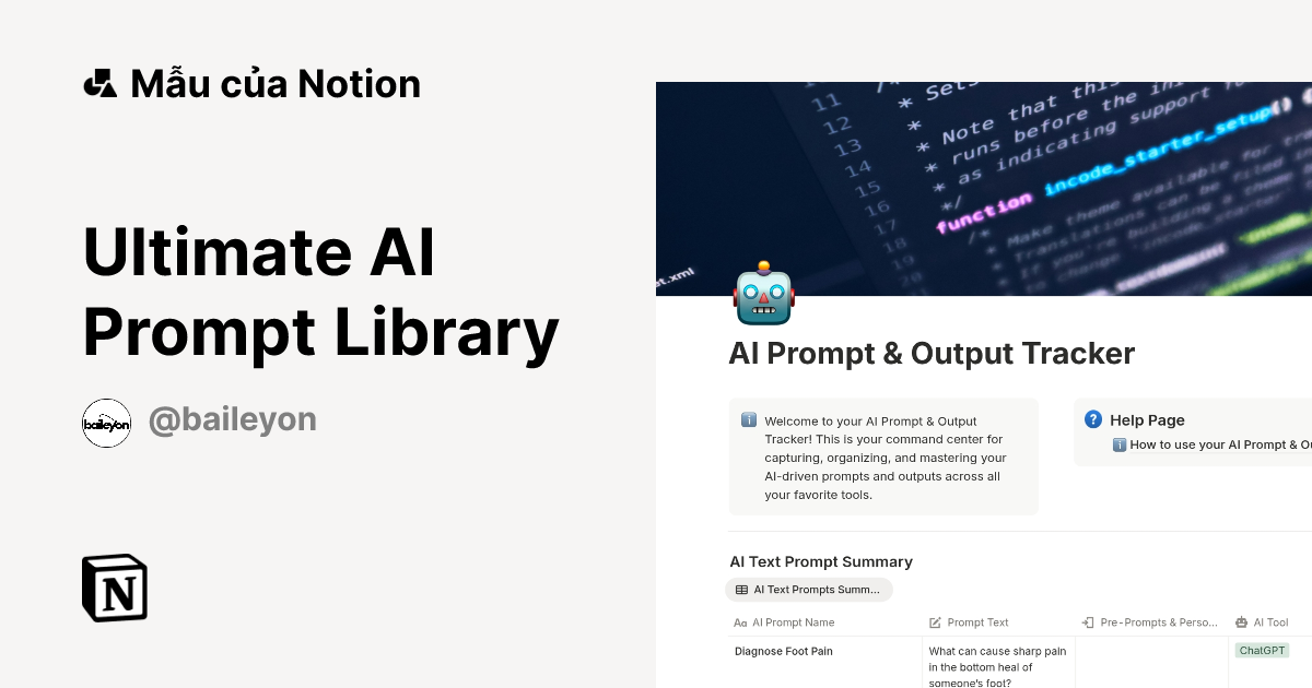 Mẫu Ultimate AI Prompt Library | Thị trường Notion