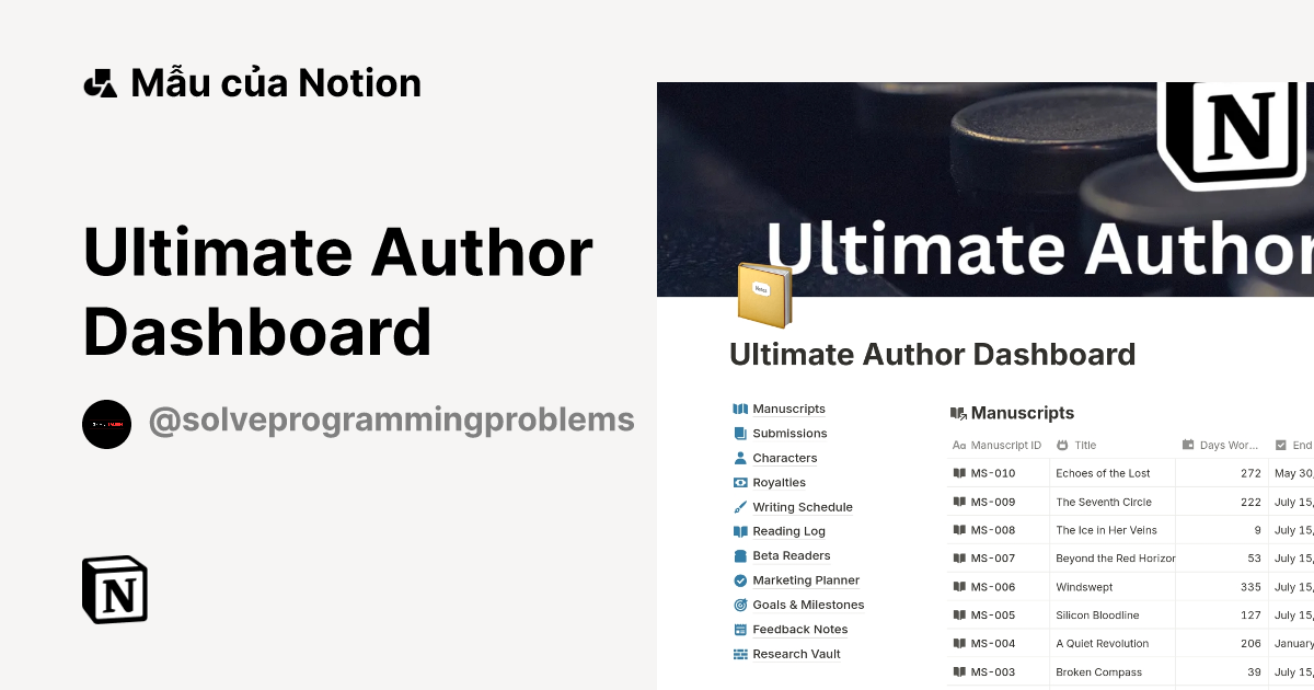 Ultimate Author Dashboard Mẫu do Hams AI Tech tạo | Thị trường Notion