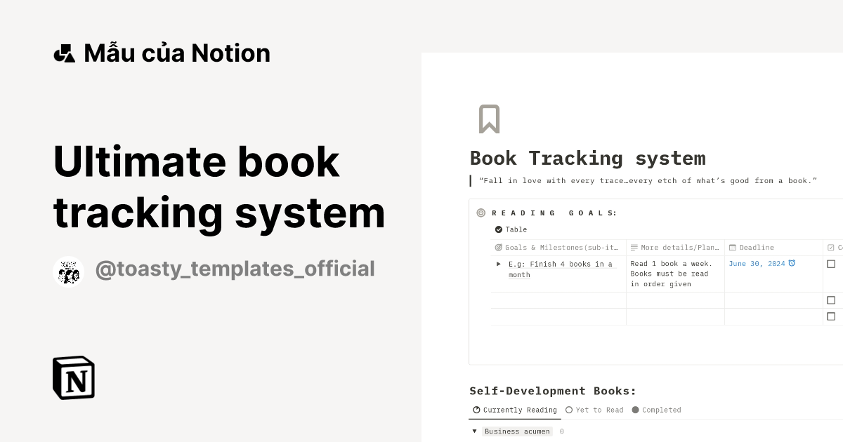 Mẫu Ultimate book tracking system | Thị trường Notion