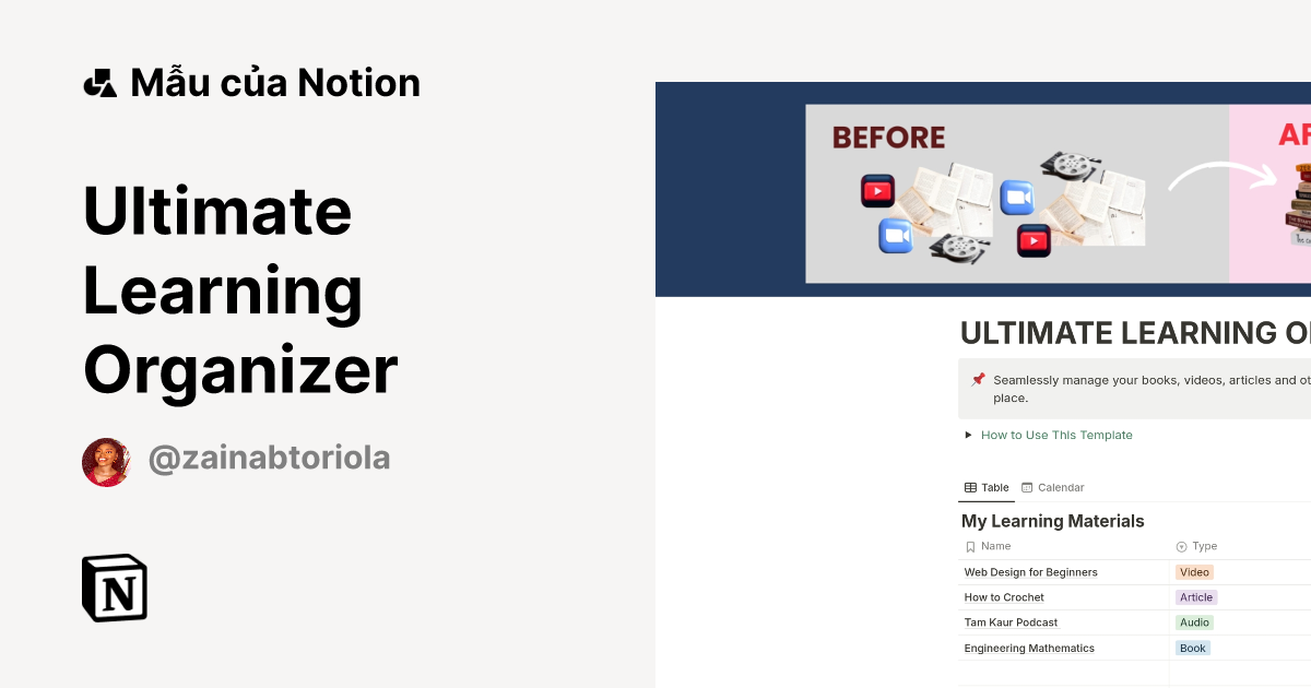 Ultimate Learning Organizer Mẫu do Zainab Toriola tạo | Thị trường Notion