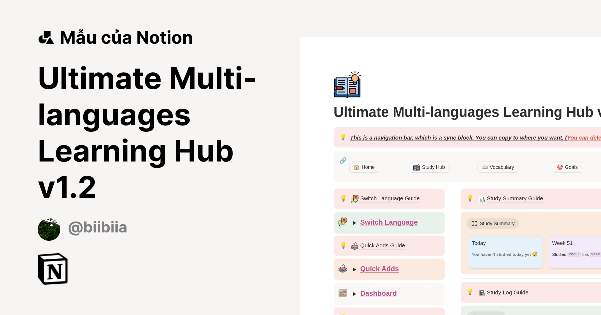 Mẫu Ultimate Multi-languages Learning Hub v1.2 | Thị trường Notion