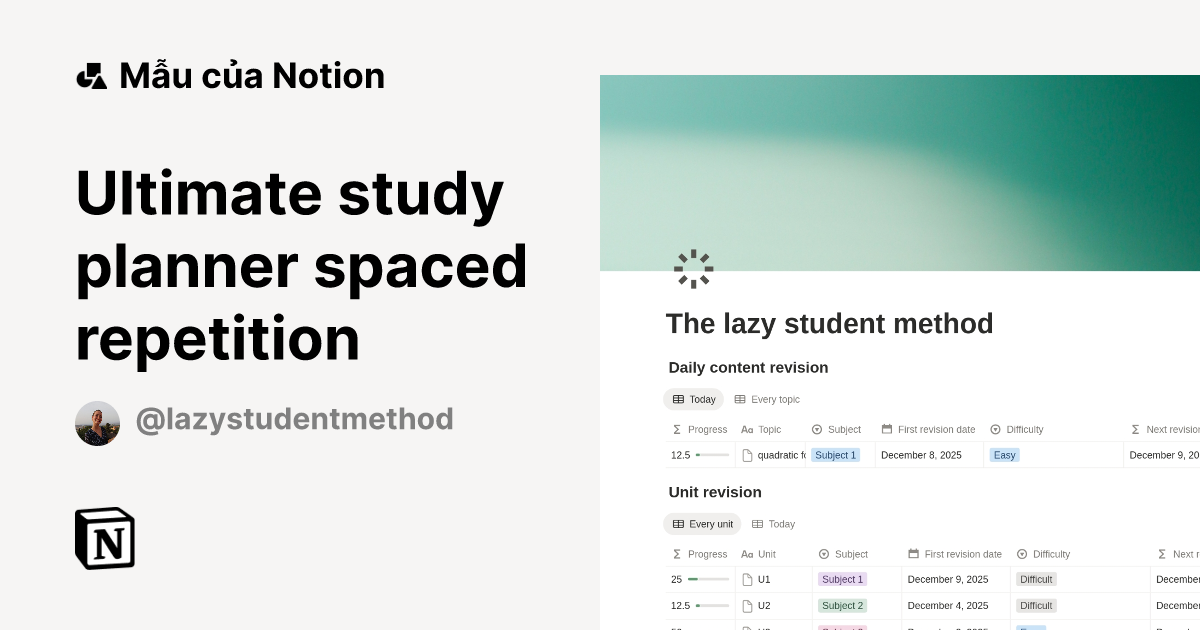 Ultimate study planner spaced repetition Mẫu do The lazy student method ...