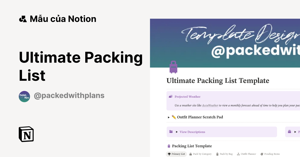 Mẫu Ultimate Packing List | Thị trường Notion